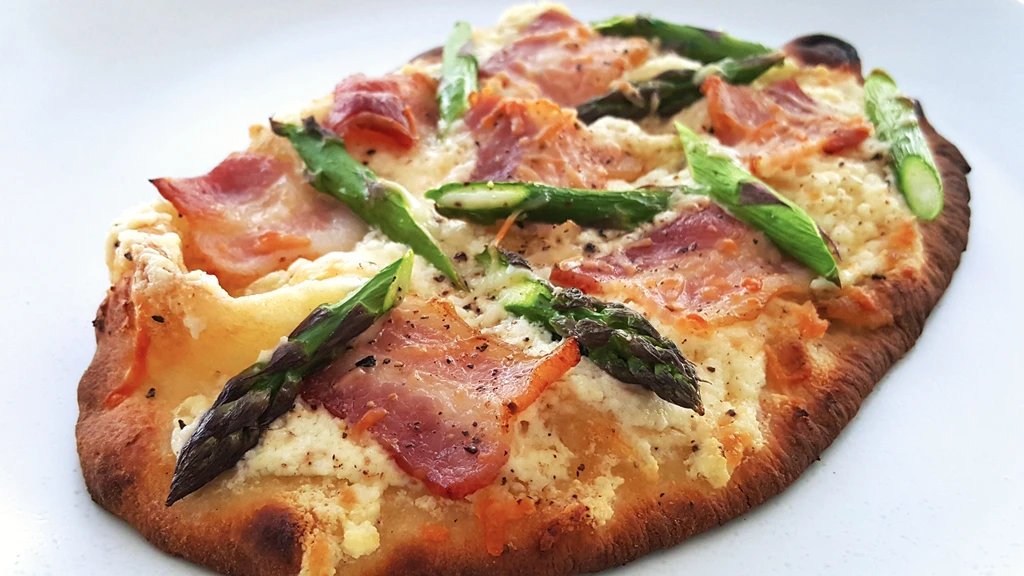 White Flatbread Pizza with Bacon & Asparagus - Breakfast For One